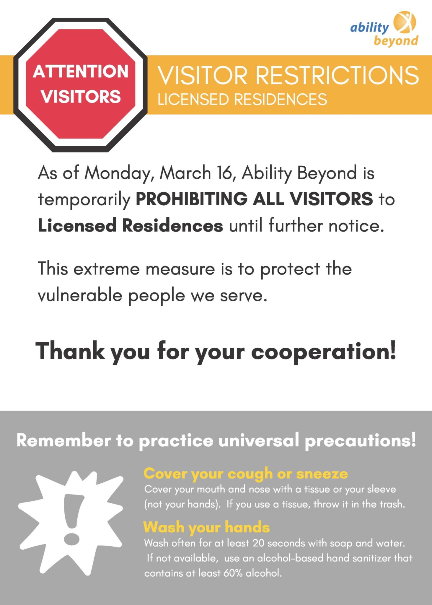 COVID-19 Update for March 16th - New Visitor Restrictions - Ability Beyond